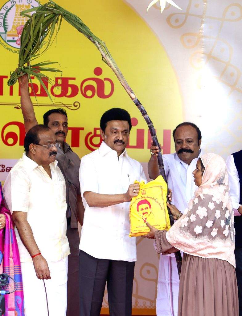 Tamil Nadu Chief Minister M.K. Stalin presents a Pongal gift hamper to ...
