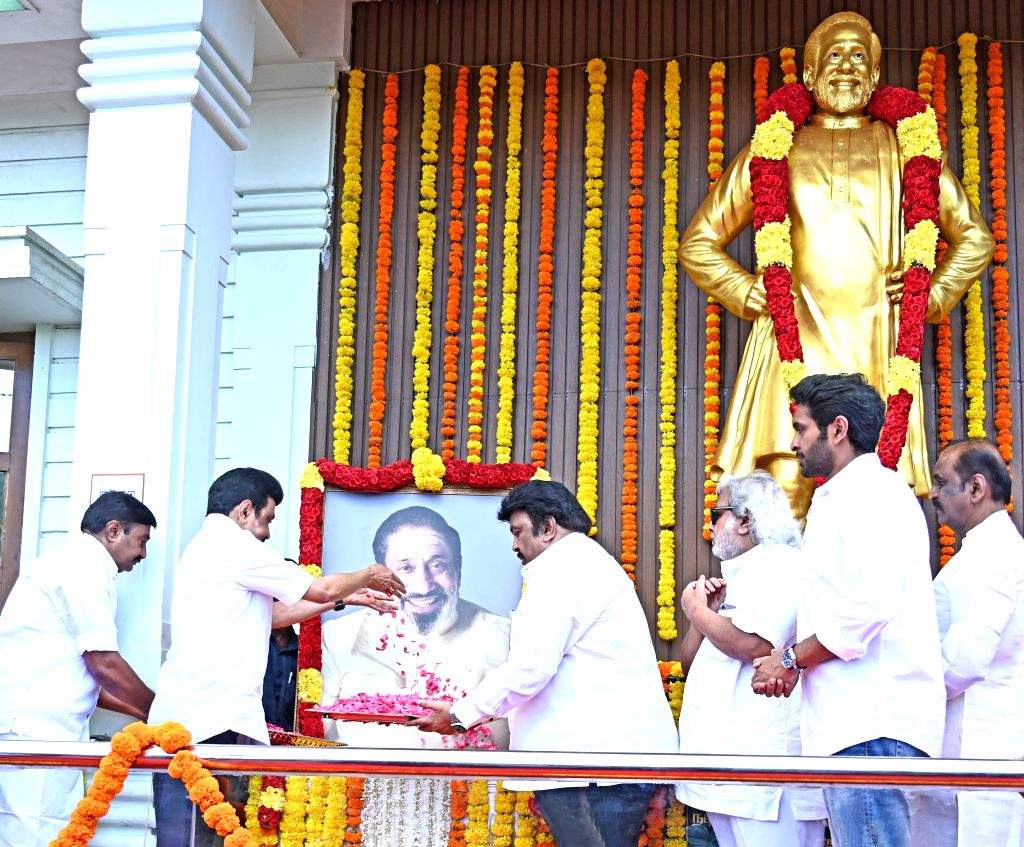 Tamil Nadu Chief Minister MK Stalin pays floral tributes at the statue ...
