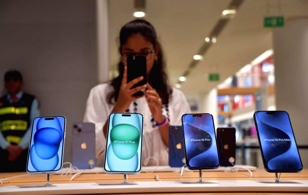 The newly launched iPhone 15 and 15 Pro models are on display
