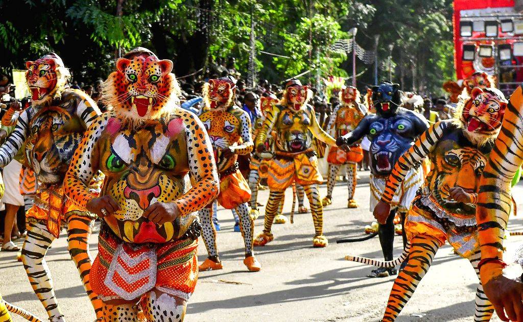 Thrissur : Pulikali performers entertain during Onam celebrations