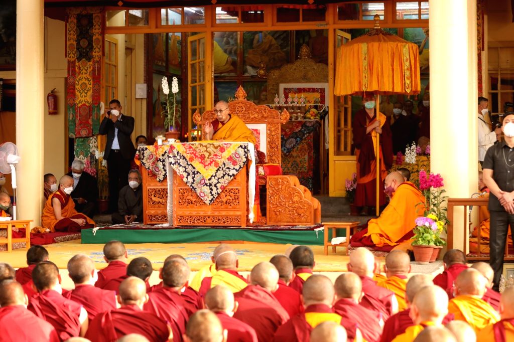 Tibetan spiritual leader Dalai Lama gives a short teaching
