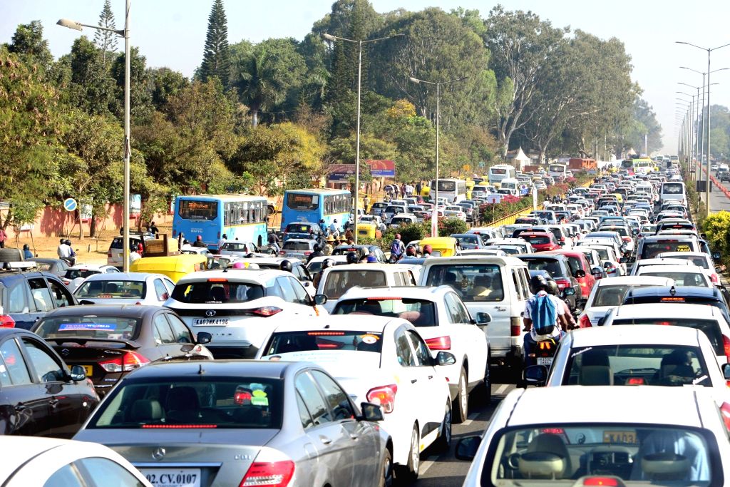 Traffic jam on Airport road on the 3rd day of Aero India 2023