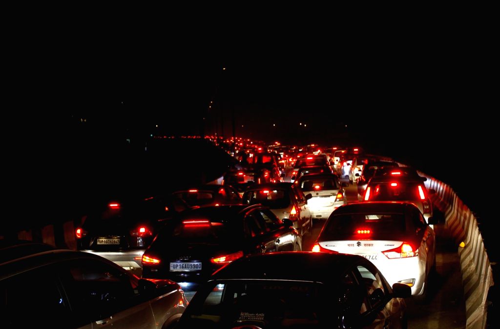 Traffic jam seen at Barapullah flyover