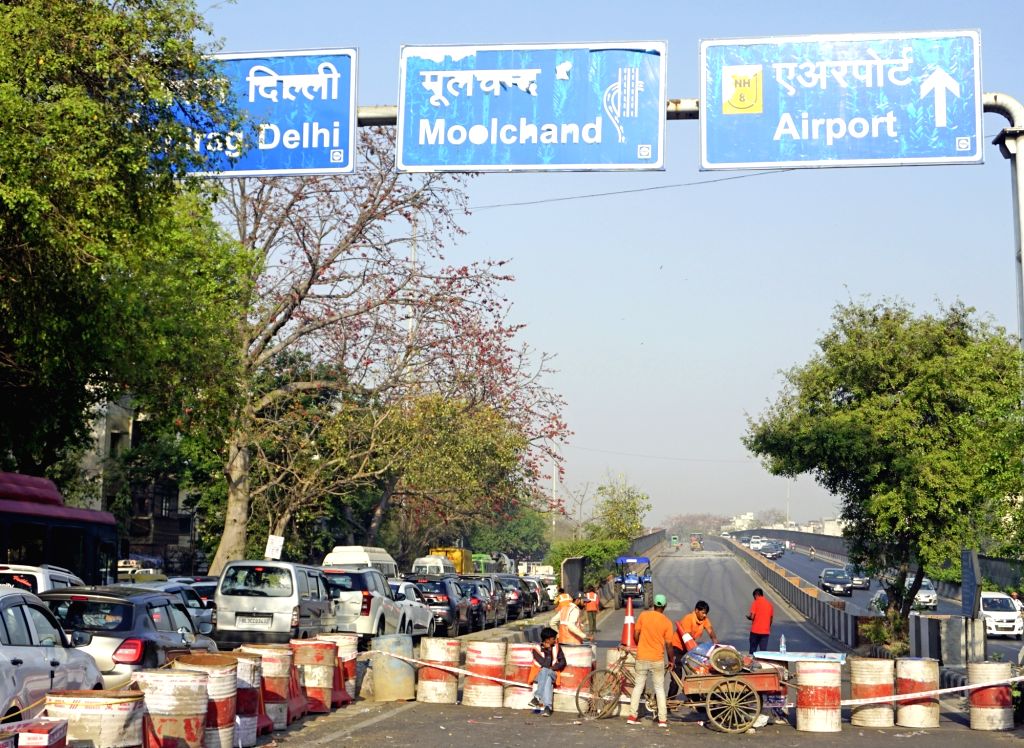 Traffic moves slowly as the Chirag Delhi flyover shuts down