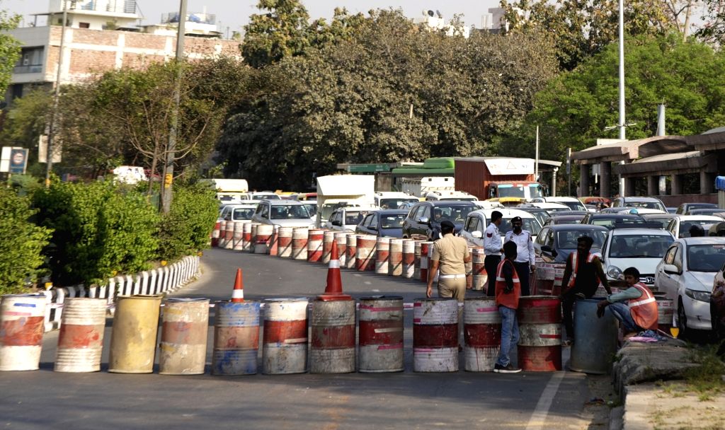 Traffic moves slowly during the construction work of Chirag Delhi flyover
