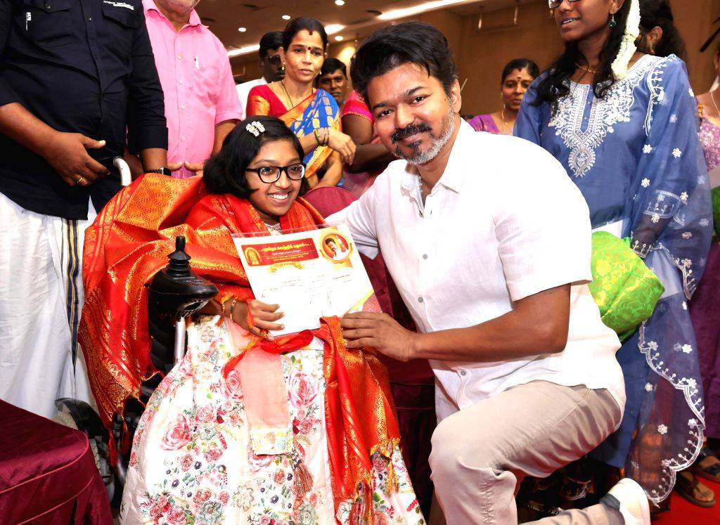 TVK chief Vijay felicitates top Class 10 and 12 students in Mahabalipuram