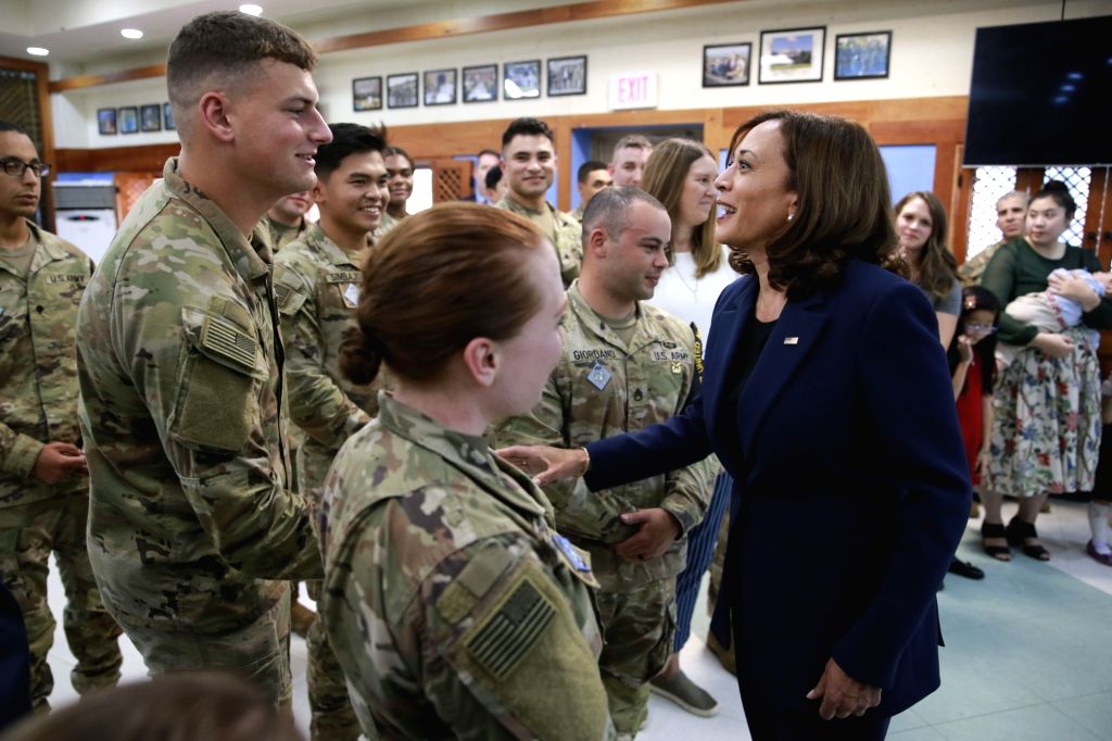 : Seoul : Kamala Harris (R) talks with U.S. Forces Korea soldiers at ...