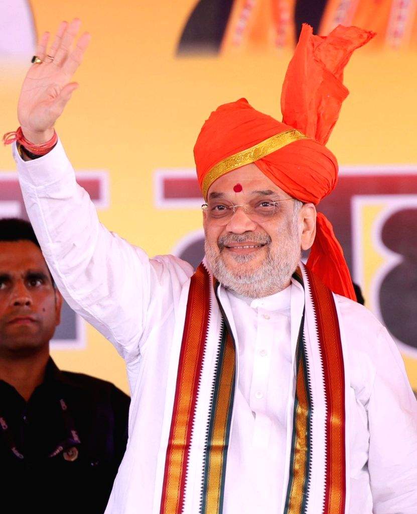 Union Home Minister Amit Shah during a public meeting ahead of Lok ...