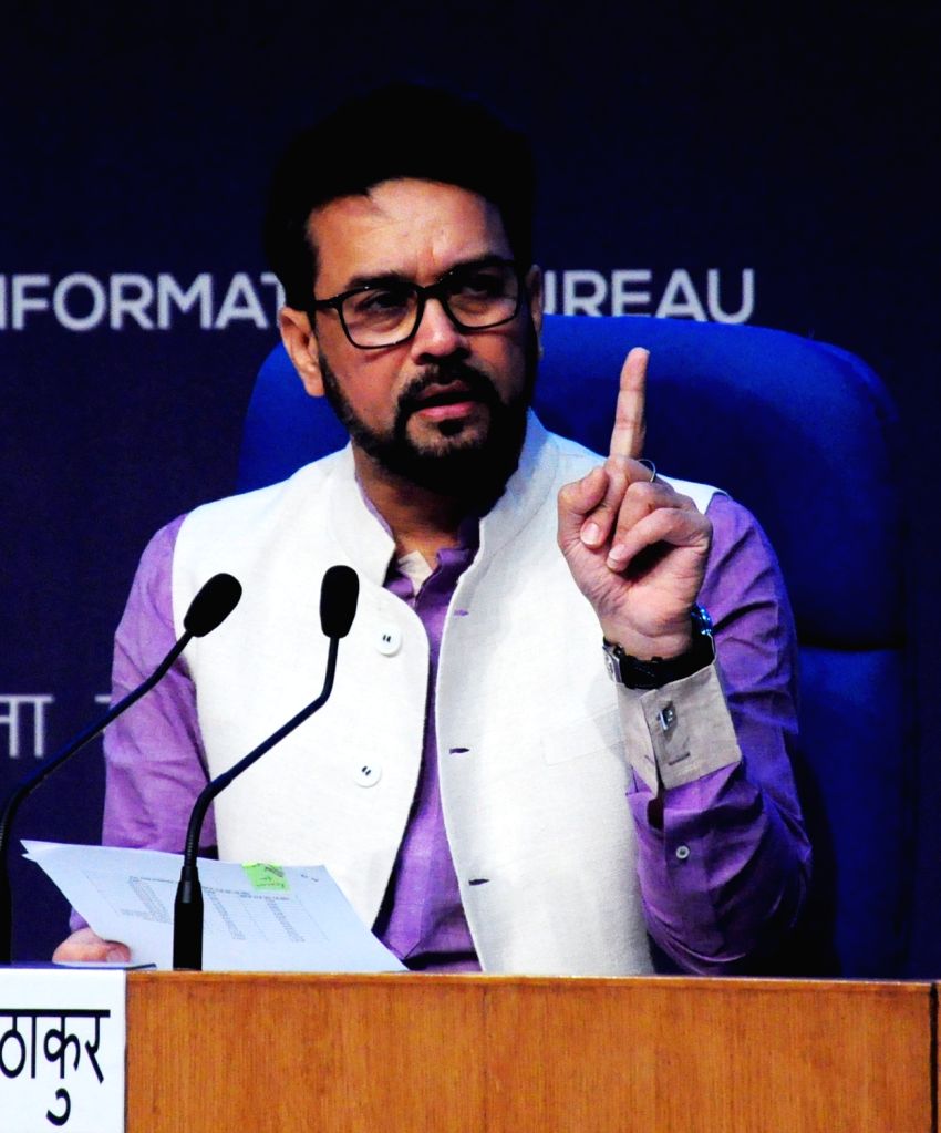Union Minister Anurag Singh Thakur addresses at a press conference