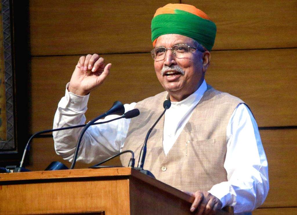 Union Minister Arjun Ram Meghwal speaks during a motivational talk ...