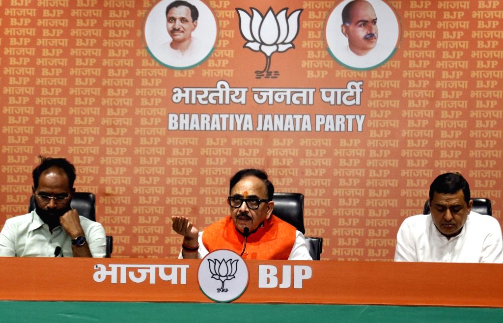Union Minister Mahendra Nath Pandey addresses a press conference