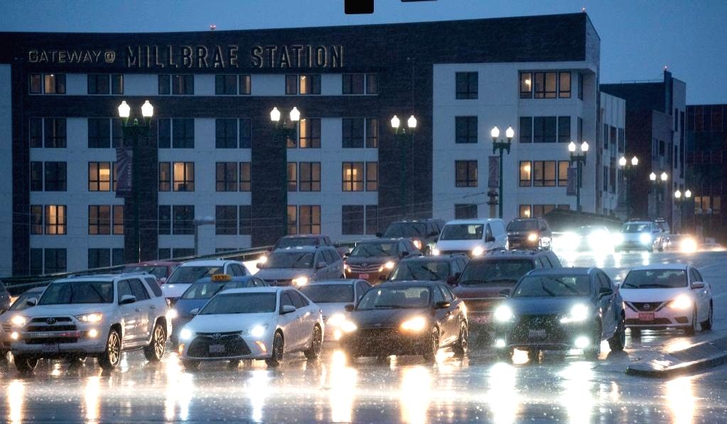 Vehicles drive in storm in Millbrae, California, the United States, Jan ...