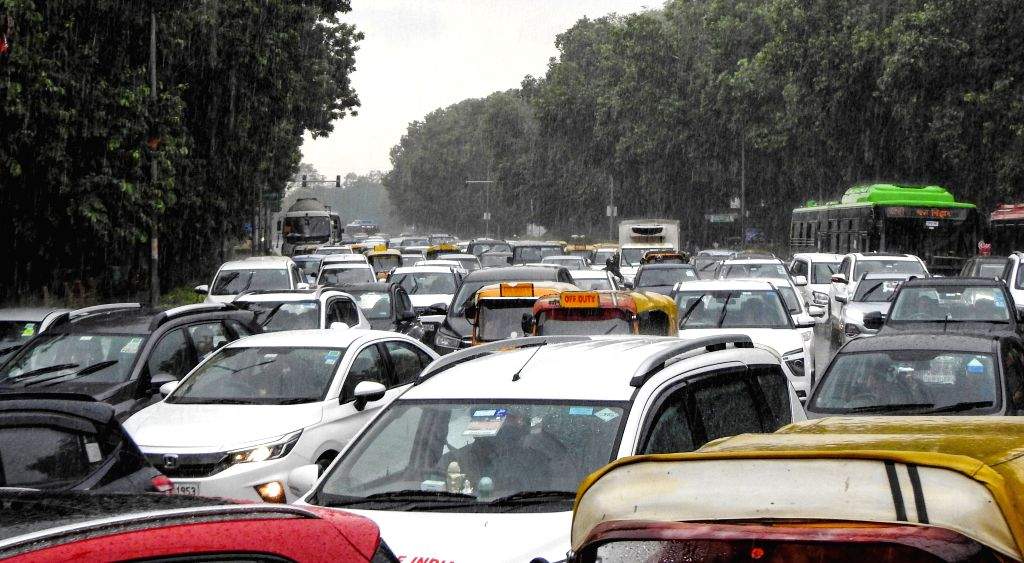 Vehicles stuck in a traffic jam amid heavy Rainfall
