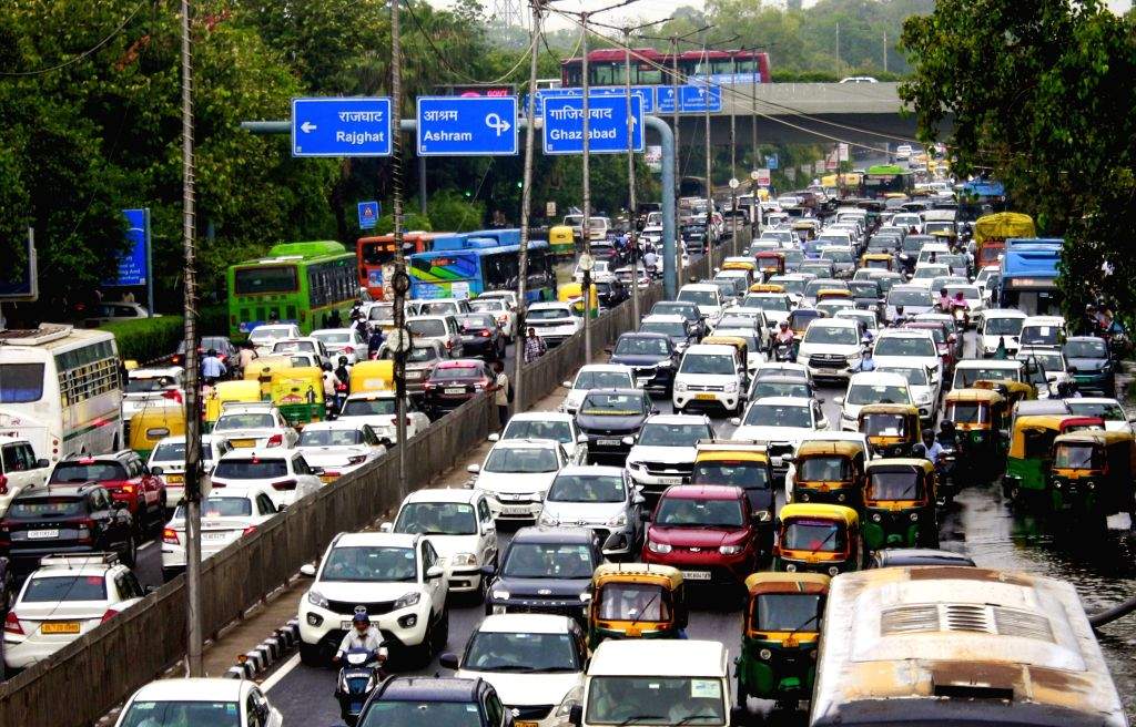 Vehicles stuck in a traffic jam following heavy rainfall