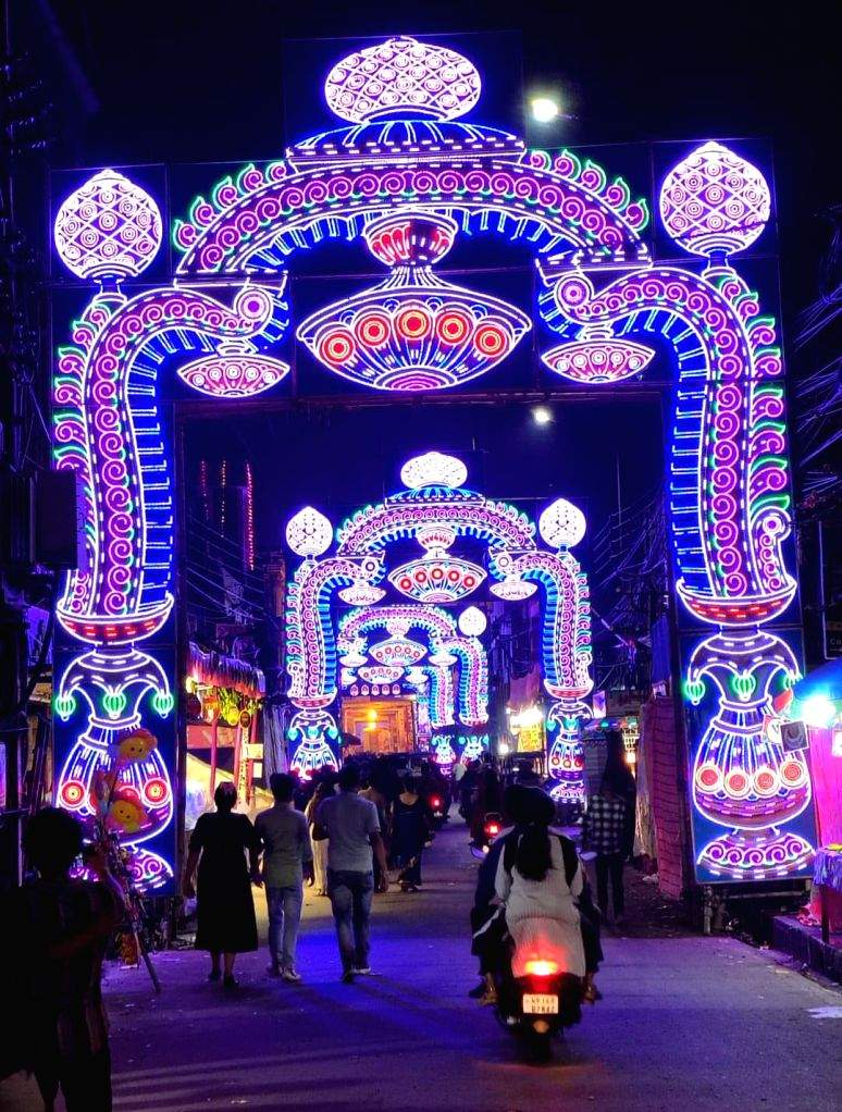 Vibrant lighting decorates the streets for Jagaddhatri Puja celebrations