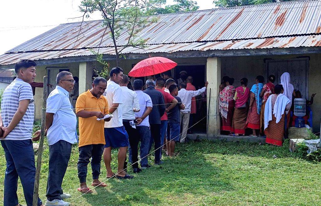 Voters wait in a queue at a polling station to cast their votes for the ...