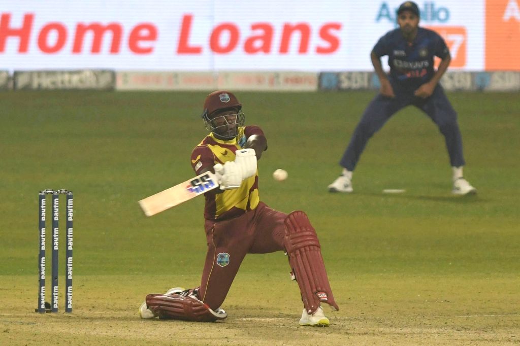 :Kolkata:West Indies' Rovman Powell plays a shot.