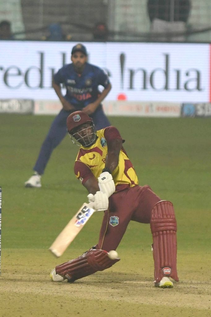 :Kolkata:West Indies' Rovman Powell plays a shot.