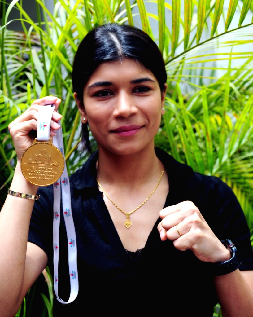 World champion Indian boxer Nikhat Zareen shows her gold medal