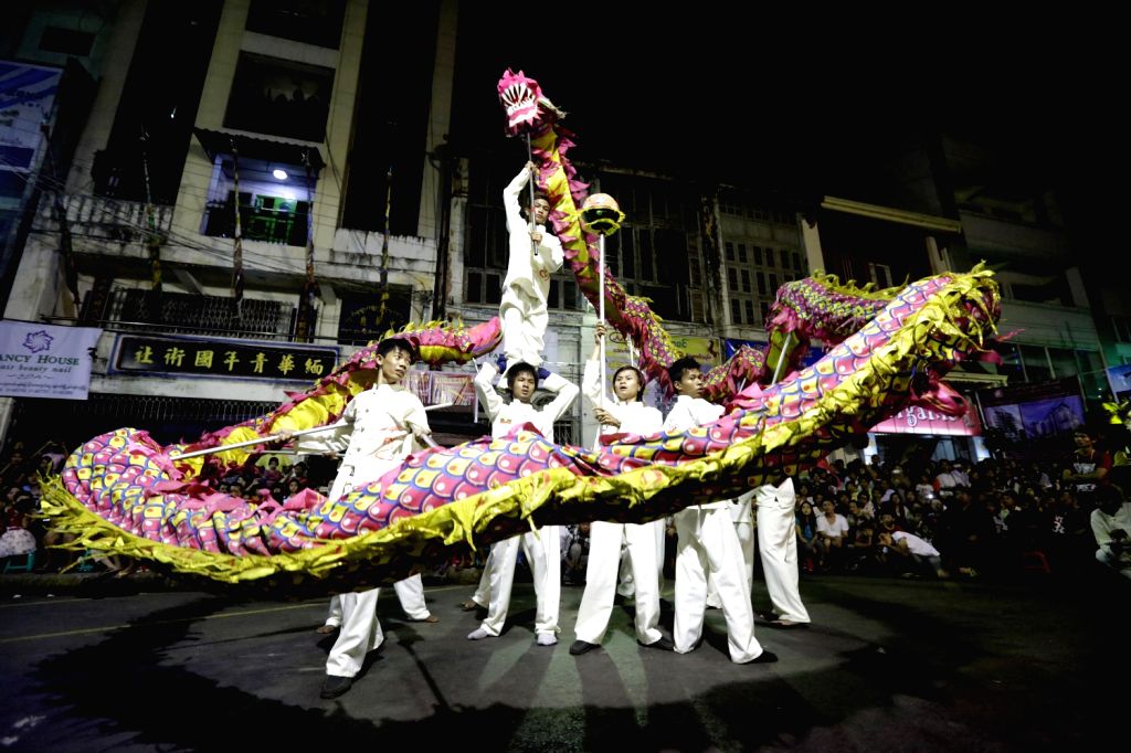 The dragon dance competition at the Chinatown in Yangon