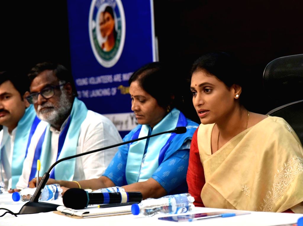 YS Sharmila president of YSR Telangana Party addressing media in Hyderabad.
