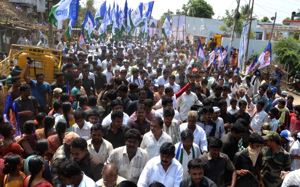 YSR Congress leader Sharmila during a padayatra at Vijayawada
