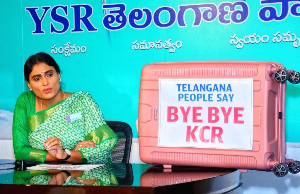 YSR Telangana Party chief Y.S. Sharmila during a press conference