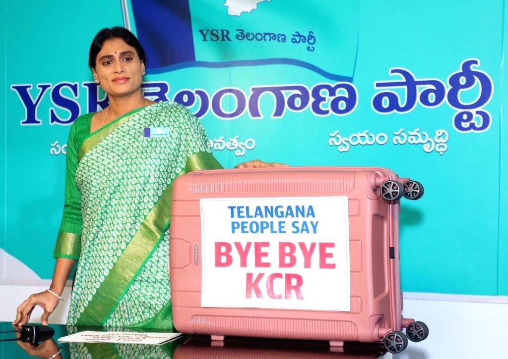 YSR Telangana Party chief Y.S. Sharmila during a press conference