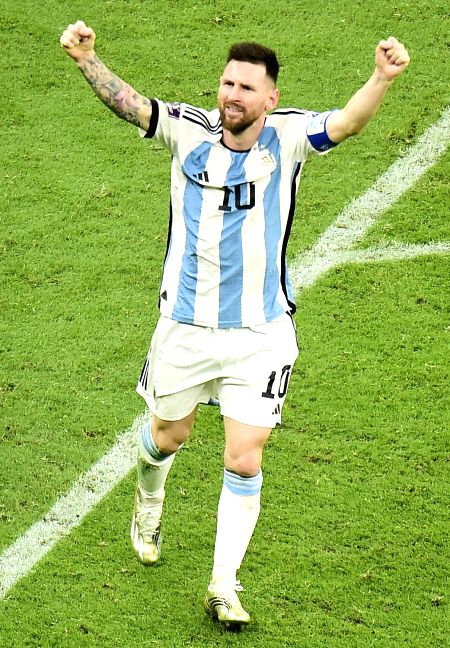 :Lusail:Argentina's Lionel Messi celebrates his side's victory at the ...