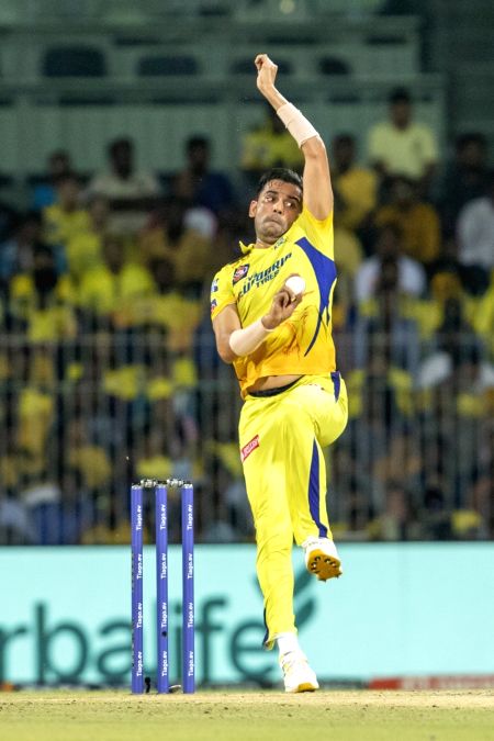 : Chennai : Chennai Super Kings' Deepak Chahar bowls a delivery