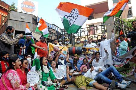 INTUC activists took part in a protest rally against fuel and essential ...