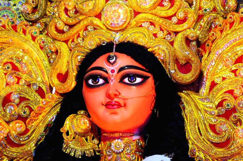 A view of a Goddess Jagadhatri at a puja pandal