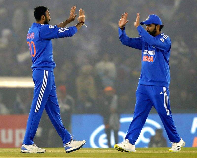 India's Akshar Patel celebrates the wicket of Afghanistan's Rahmat Shah