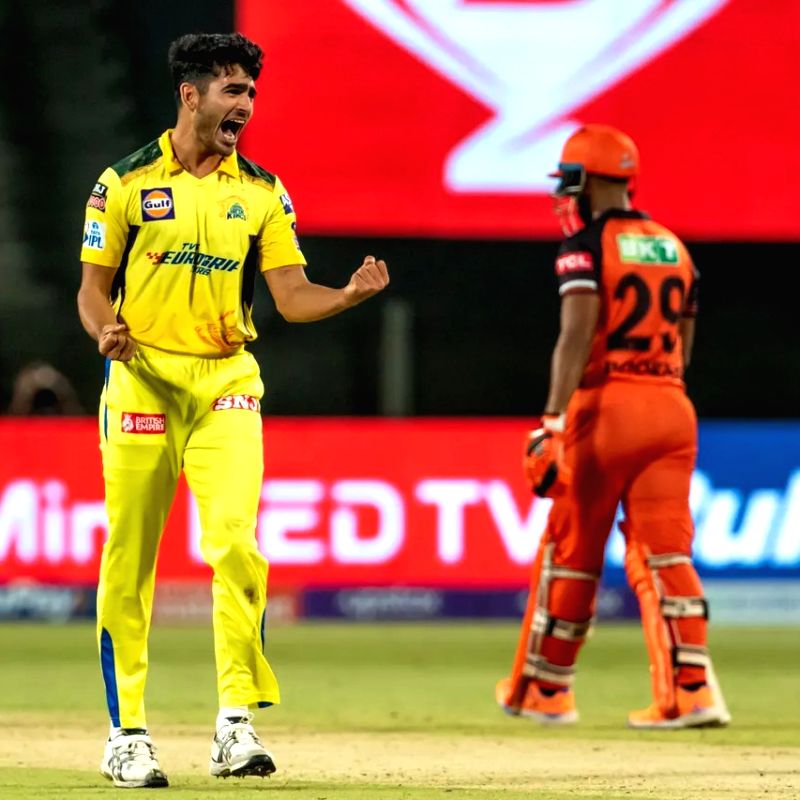 Pune : CSK's Mukesh Choudhary celebrates after a dismissal during the ...